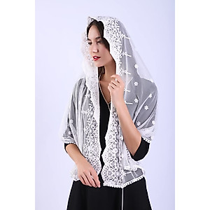Grettytling Chapel Veil Embroidered Lace Mantilla Church Veil Head Covering Veils for Church Shawl-Scarf Wedding Shawl(White)
