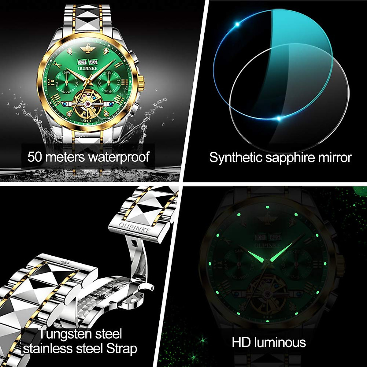 OUPINKE Mens Green Watches Automatic Skeleton Mechanical Self Winding Tourbillon Luxury Dress Wristwatch
