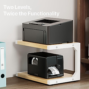 Mt.Jun Heavy-Duty Desktop Printer Stand - 2-Tier Organizer, 18" W x 12" D x 11" H, White Iron Tube Frame and Golden Oak Colored Panel, Supports 50 lbs