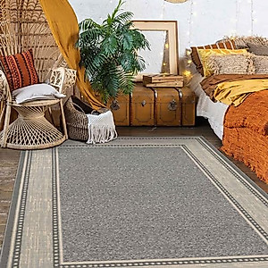 Ottomanson Ottohome Non-Slip Rubberback Bordered Design 5x7 Indoor Area Rug, 5' x 6'6", Light Gray