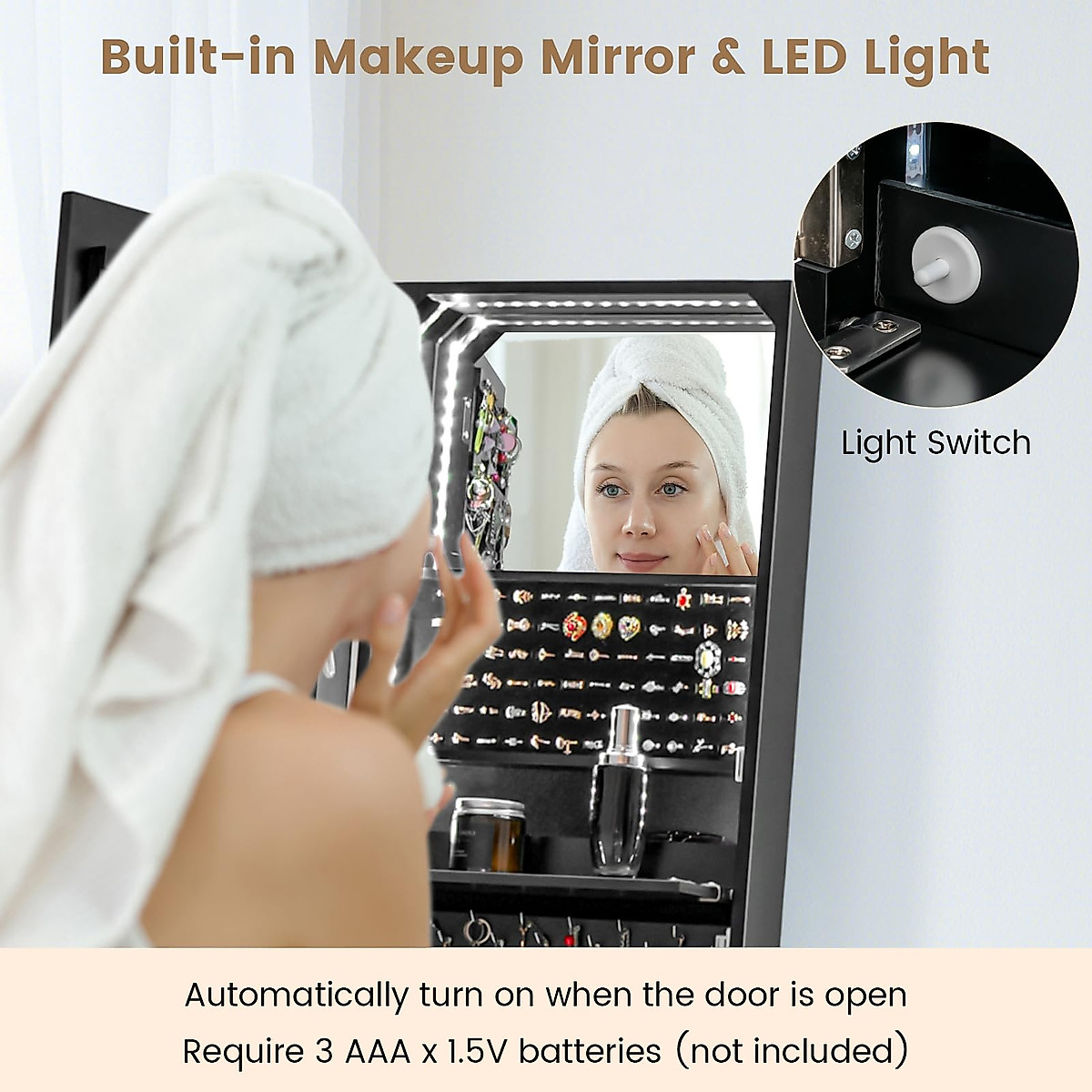 LOKO Freestanding Jewelry Cabinet with LED Light Strip, Lockable Jewelry Armoire w/ 3 Adjustable Angle, Foldable Organizer Storage w/High Full Length Mirror for cloakroom bedroom living room (Black)