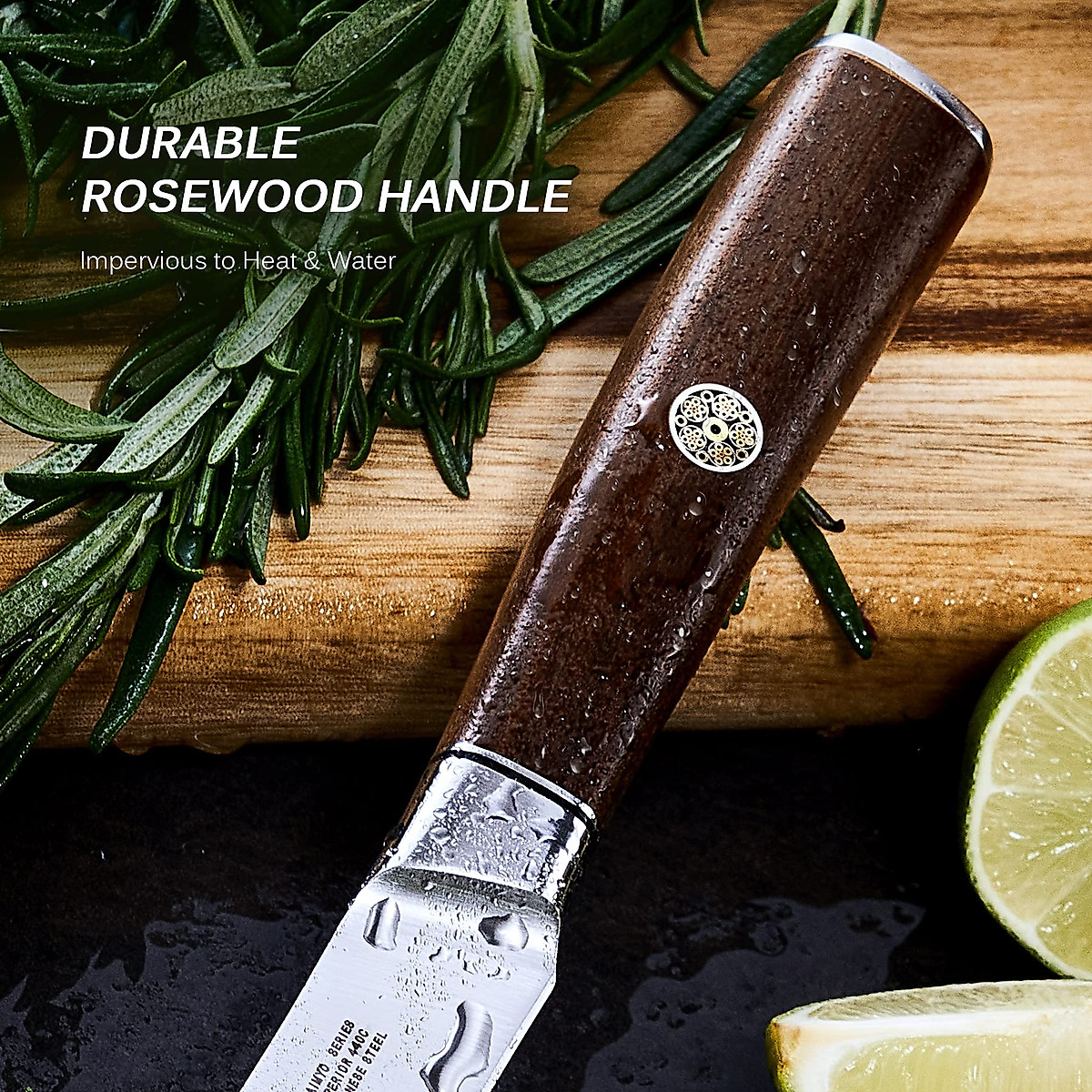 KYOKU 5 Inch Utility Knife - Daimyo Series - Multipurpose Chef Knife with Ergonomic Rosewood Handle, & Mosaic Pin - Japanese 440C Stainless Steel Kitchen Knife with Sheath & Case