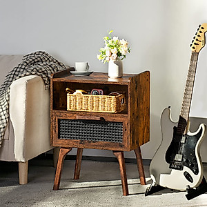 Lerliuo Rattan Nightstand, Side Table with Drawer Open Shelf, Cane Accent Bedside End Table with Solid Wood Legs, Mid Century Modern Night Stand for Bedroom, Dorm and Small Spaces (Brown)