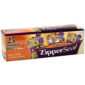 Set of 75 Halloween Zipper Seal Sandwich Bags - Assorted Halloween Fun Designs - Great for Treats