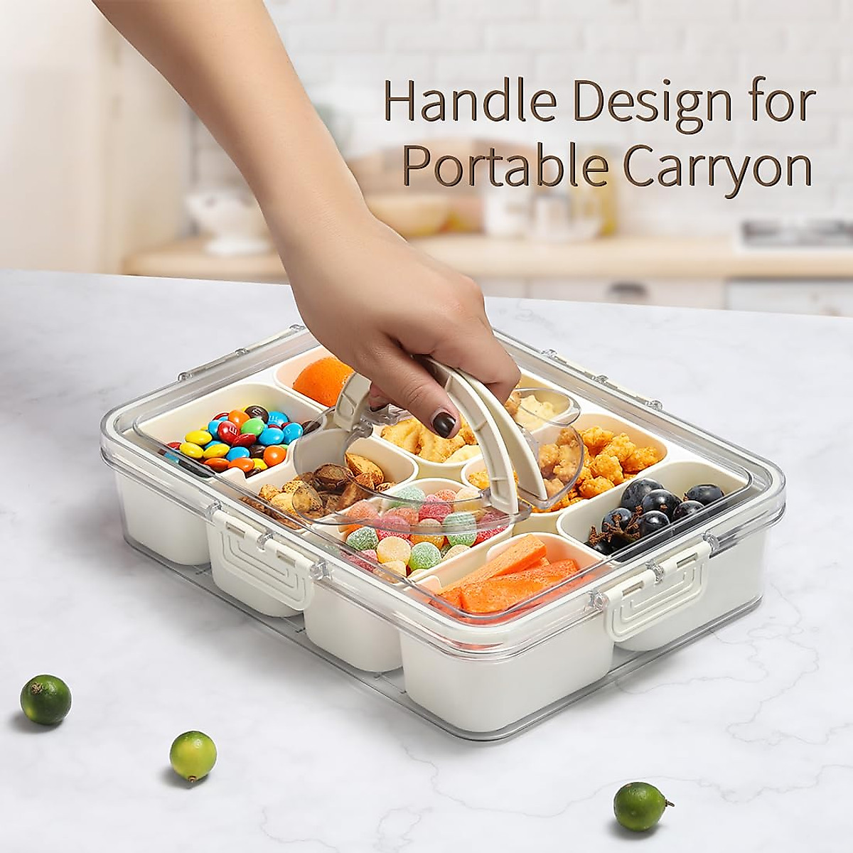Olavon Clear Snackle Box Container with Lid and Handle - 8 Compartments Divided Serving Tray, Portable Snack Charcuterie Organizer, Snackable Box Platters for Candy, Fruits, Snacks