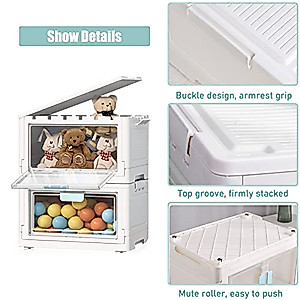 ORIJOYNA 28 Liters Collapsible Storage Bins with Lids Folding Plastic Stackable with Double Doors & Secure Buckle Container Heavy Duty withstand 65 Lbs for Grocery,Books,Clothes (Pink)