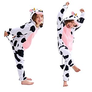 familus Cow Costume Kids Girls Boys Halloween Costumes for 9-10 Years,Warm Soft Unisex Kid Animal Cow Onesie Dress Up Costume for Play