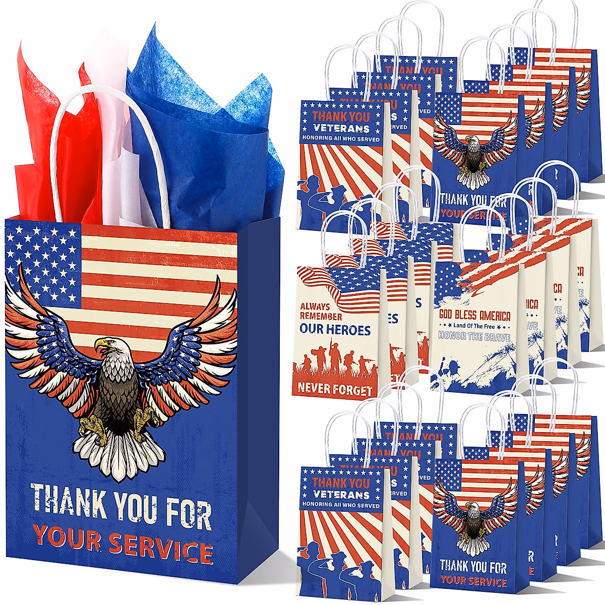 Cholemy 48 Pcs Veterans Day Patriotic Thank You Gift Bags with Red White Blue Tissue Paper Vintage American Treat 4th of July Goodie Bags with Handles Independence Day Party Gift Wrap Bags