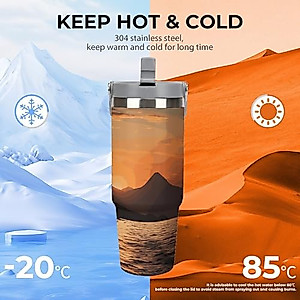 Mountain And Water at Sunset 30oz Stainless Steel Insulated Tumbler with Straw & Foldable Handle - Leakproof, Double-Wall Vacuum Travel Thermos for Hot/Cold Drinks, Non-Slip Base, Fit Cup Holders
