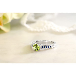 Gem Stone King 925 Sterling Silver Round 6MM Green Peridot and Blue Created Sapphire Engagement Ring For Women | 1.05 Cttw | Gemstone Birthstone | Size 5,6,7,8,9