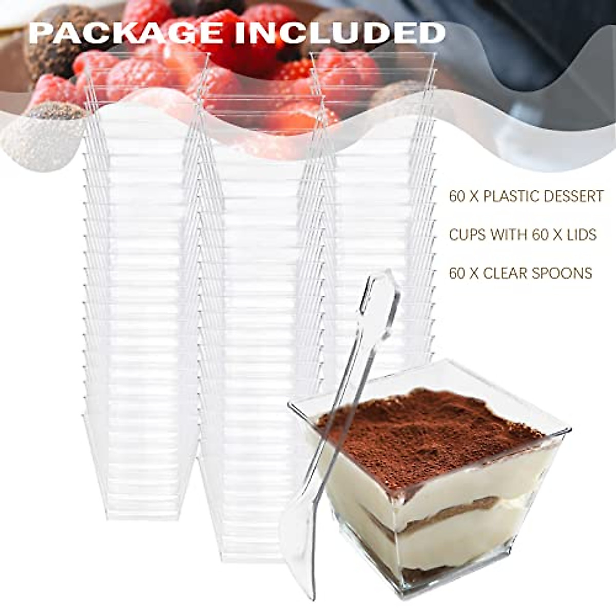 theirsova 60 Pack Dessert Cups, 4oz Parfait Cups with Lids and Spoons,Plastic Appetizer Cups with Lids,for Mousse Puddings, Party Supplies
