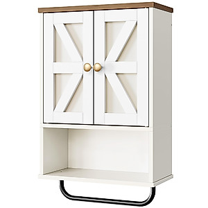 CHOEZON Bathroom Wall Cabinet, Medicine Cabinet with Open Partition and Towel Bar, Rustic Storage Cabinet with Open and Hidden Storage Space, for Bathroom, Living Room, Kitchen, White and Walnut