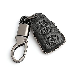WFMJ Black Leather for Hyundai Elantra Genesis Sonata Kia Sorento Forte Optima Rondo Spectra 3 4 Buttons Smart Key Fob Case Cover Chain