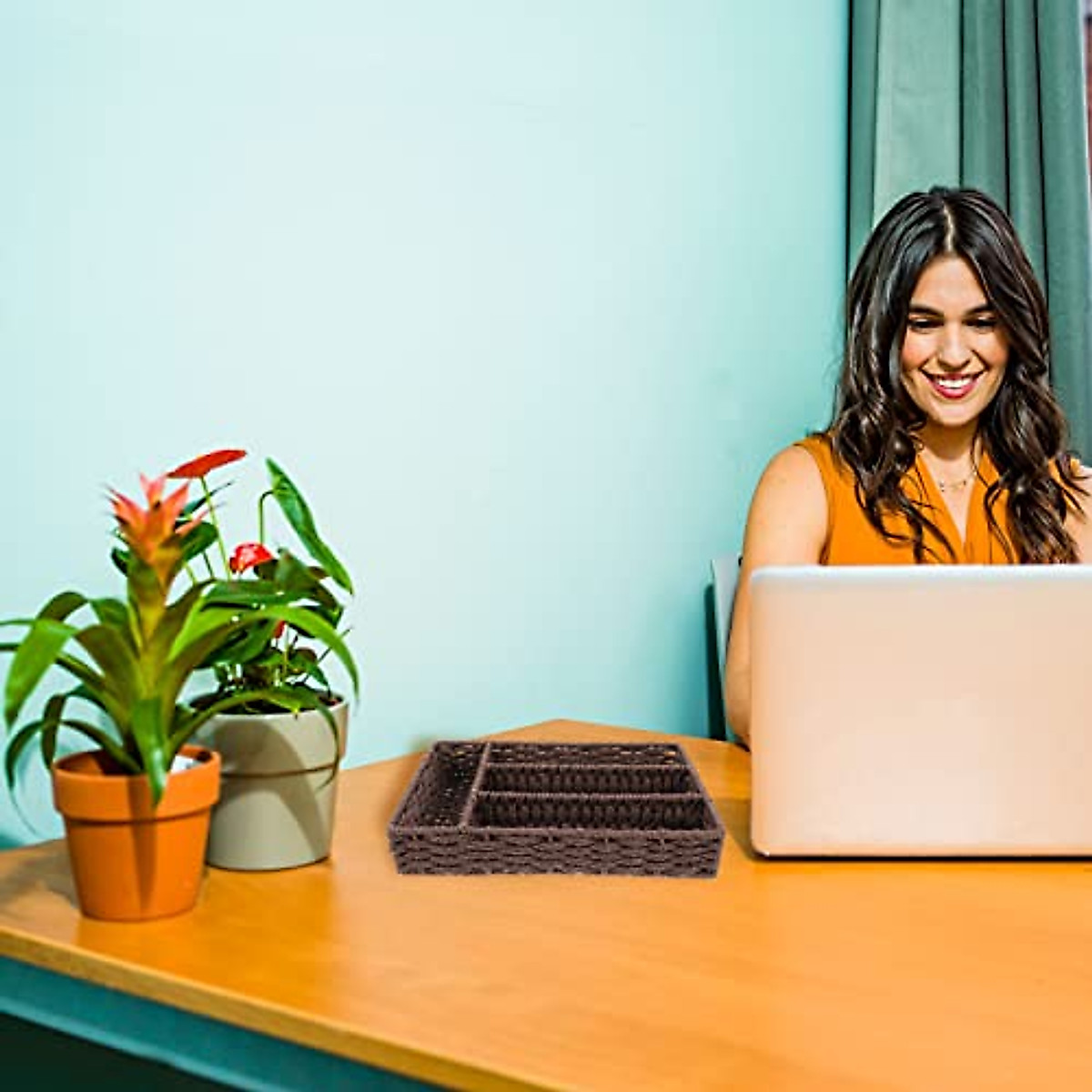 Healifty Wicker Rattan Baskets Tea Bag Sugar Packet Holder Coffee Station Condiment Organizer Woven Divided Basket Tray for Drawer Shelf Countertop Coffee