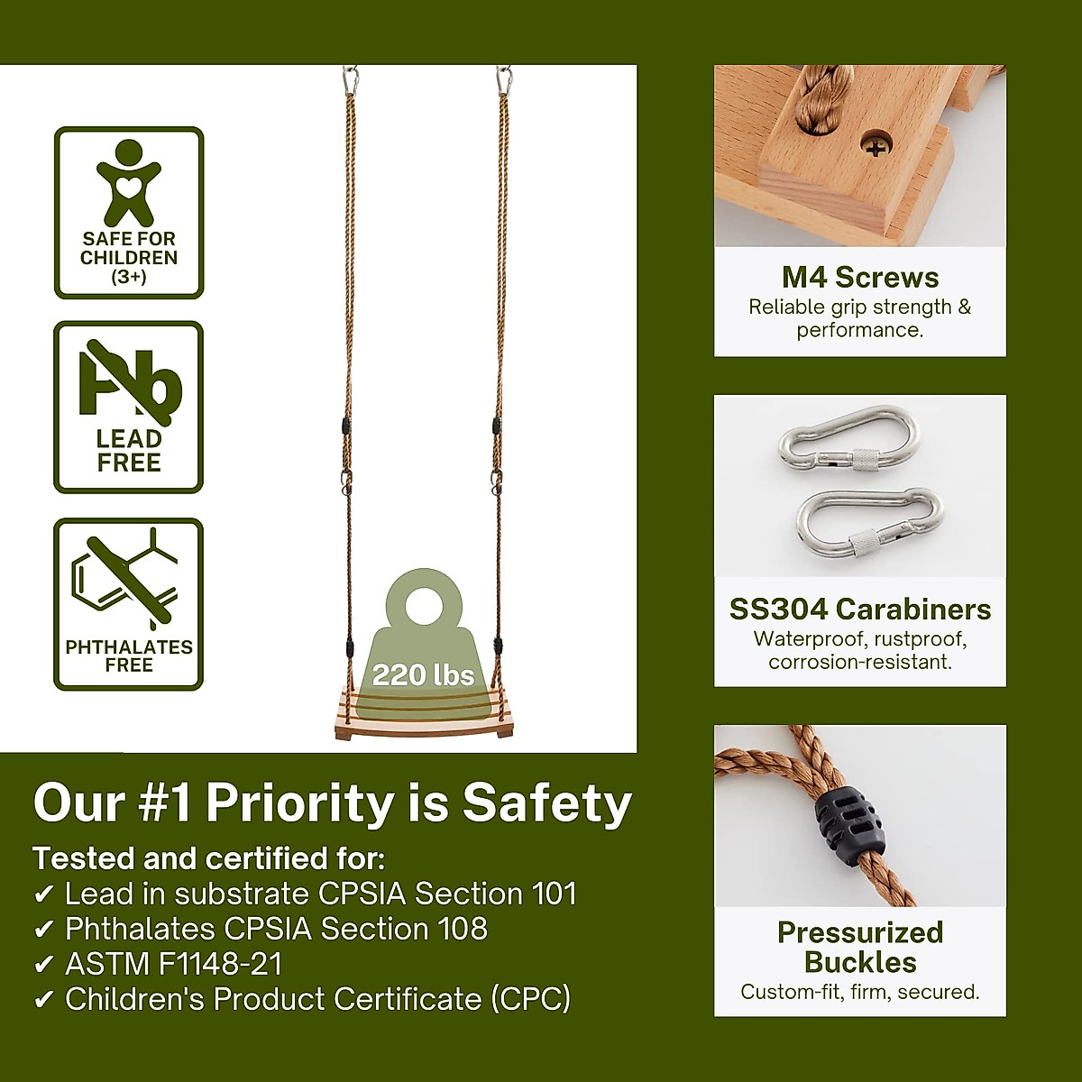 Wooden Tree Swing for Kids - ASTM F1148-21 Certified - Double Coated 16.5”x7.8” Wood Swing Seat for Outside - Weatherproof Adjustable Polyester Ropes - Outdoor or Indoor Kids Tree Swing Set - Backyard