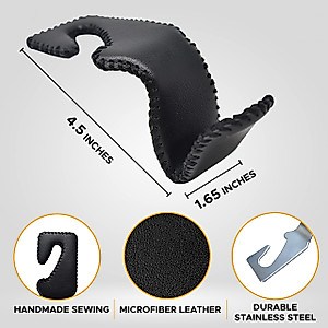 EcoNour Leather Car Seat Hooks (2 Pack Black) | Portable Bag Holder for Car to Keep Your Purse, Groceries & Handbags from Sliding Around | Headrest Hook with Crafted Stitches