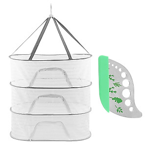QKDS Herb Drying Rack 3 Layer Hanging Mesh Net, 2pcs/Set Herb Dryer Hanging Rack with Herb Stripper, Foldable Hanging Mesh Dryer for Buds, Fruits, Vegetables, Fish, Clothes, Doll(White)