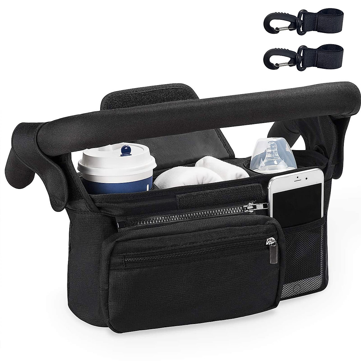 Big Hippo Stroller Organizer With Cup Holders,Durable Baby Stroller Bag with Bonus 2 Pack Stroller Hooks,Detachable Phone Bag & Shoulder Strap,Fits for Stroller like Uppababy,Baby Jogger