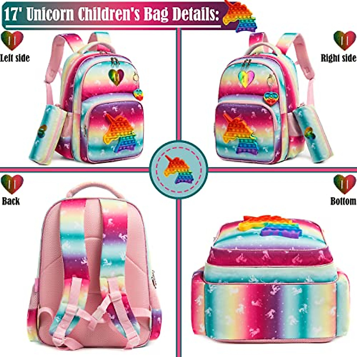 Egchescebo Girls Unicorn Toy backpack School Bookbag for Girls Kids Bling School Elementary Backpacks 17" 3PCS Toddler Backpack with Lunch Box Girls Bookbag Unicorn Bags for Girls Pink