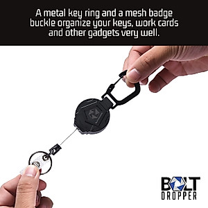 Bolt Dropper Retractable Key Rings - Heavy Duty Key Carabiner Badge Holder, Tactical ID Badge Reel with Retractable Keychain Steel Cord - Work ID Badge Holder - Pack of 2