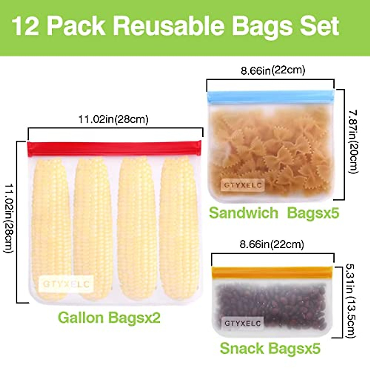 GTYXELC Reusable Storage Bags -BPA Free Reusable Freezer Bags (2 Reusable Gallon Bags + 5 Reusable Sandwich Bags + 5 Reusable Snack Bags) Leakproof Silicone Reusable Plastic Bags for Food（12 Pack)