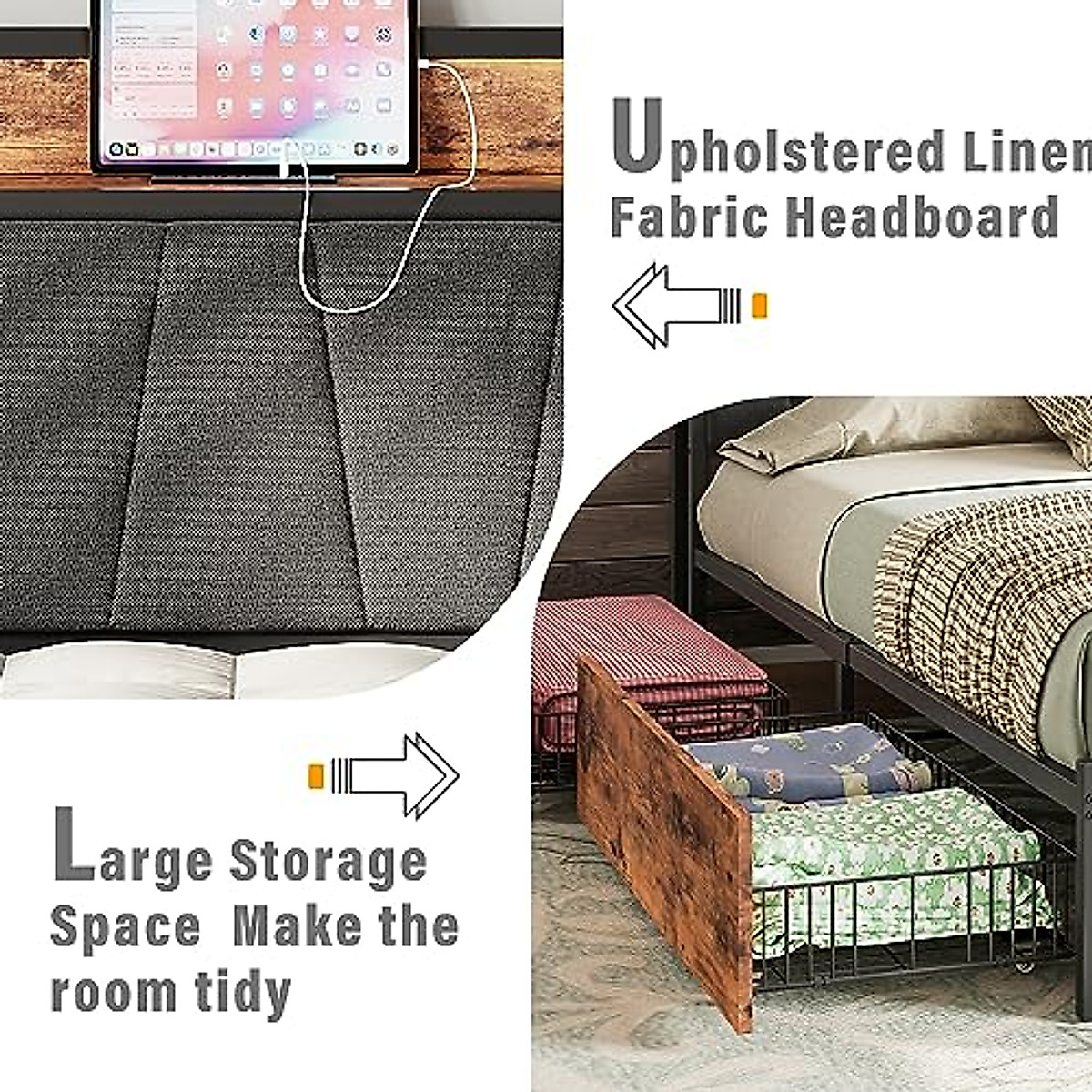 LIKIMIO King Bed Frame with 4 Storage Drawers, Platform Bed with Charged Headboard, Sturdy and Stable, No Noise, No Box Spring Needed, Easy to Install