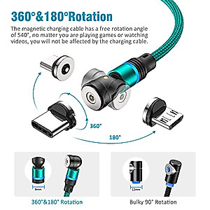 FACROO Magnetic Charging Cable[7-Pack, 1.6ft+3.3ft+3.3ft+6.6ft+6.6ft+10ft+10ft], 540° Rotation Magnetic Cable, 3 in 1 Nylon Braided Magnetic Phone Charger Compatible with Micro USB and Type C - Green