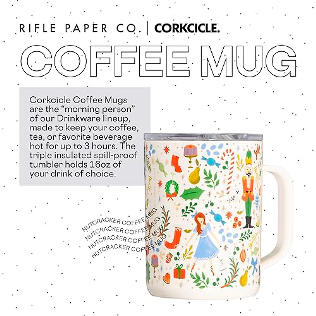Corkcicle x Rifle Paper Co. Nutcracker Ballet Insulated Coffee Mug with Lid and Handle, 16 oz – Travel Mug Keeps Drinks Hot 3hrs – Non-Slip, Easy-Grip, Spill-Resistant Tumbler