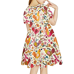 WELLFLYHOM Chicken Floral Dress for Girls Size 7-8 Summer Casual Sundress Kids Short Sleeve Beach Dresses Loose Clothes A-Line Children Junior School Dance Dress