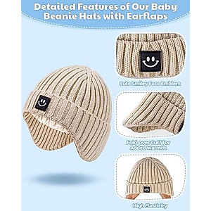 3 Pack Baby Beanie Hats with Earflaps, 2 Size Baby Winter Hat for Newborn Infant Toddler Kids Children with Cute Smiley Face, Soft Warm Fleece Lined Knit Hat for Girls Boys-15 Pink