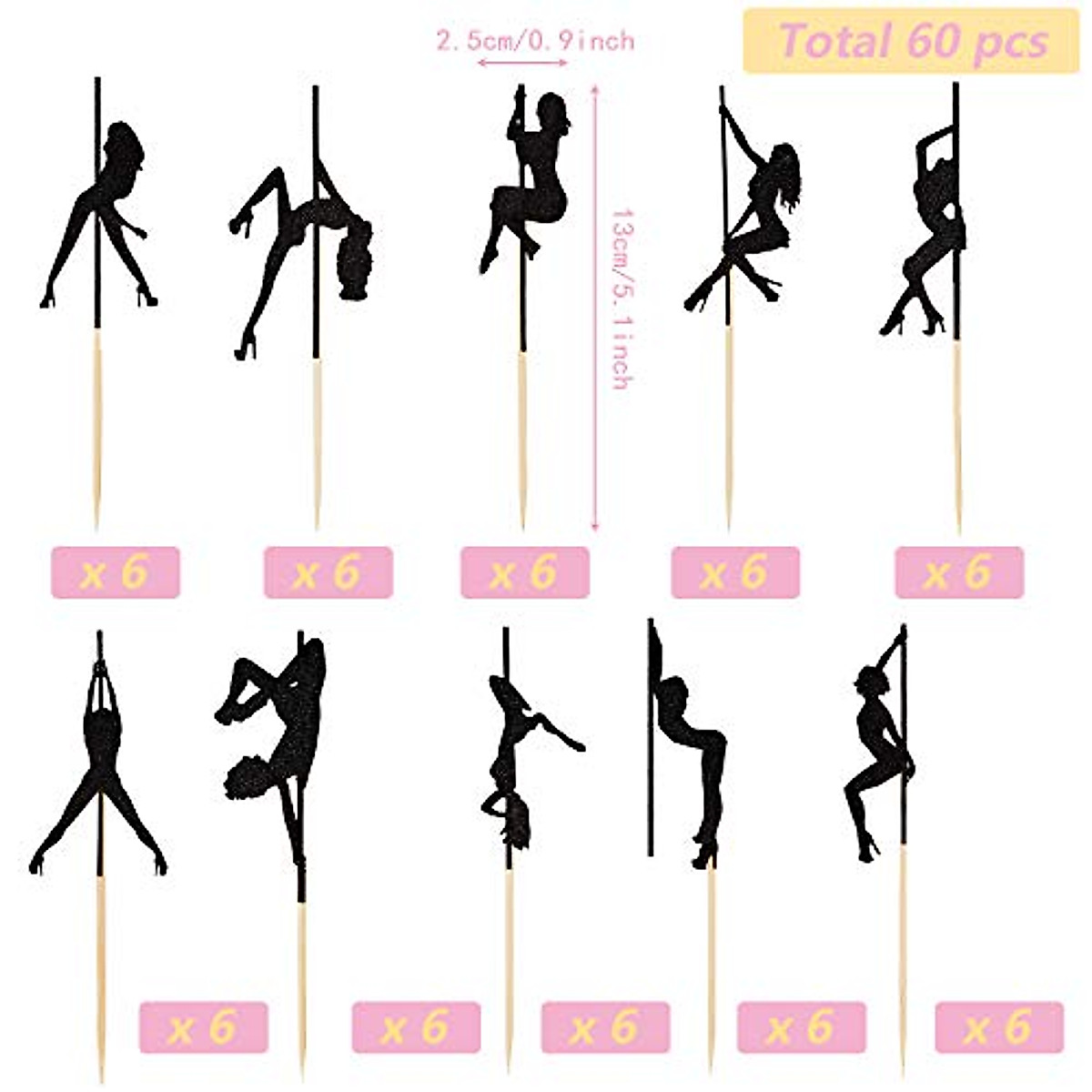 Jetec 60 Piece Stripper Pole Cupcake Topper Picks Dancing Girl Silhouette Cake Topper Toothpick for Bachelor Party Birthday Cake Decoration Bride Groom Bridal Bachelorette Women Men Boy Girl