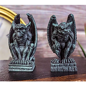 Ebros Gift Notre Dame Castle Top Guardian Mini Gargoyles Crouching On Stone Pedestals Resin Figurine Set of 2 Miniature Fairy Garden Gargoyle Sculpture Pair 2.5" Tall