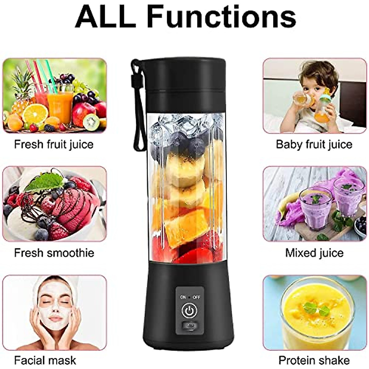 Portable Blender, Personal Mixer Fruit Rechargeable with USB, Mini Blender for Smoothie, Black