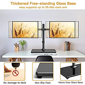 ErGear Dual Monitor Stand with Glass Base, Freestanding Height Adjustable Two Arm Monitor Mount, Heavy Duty Structure Supports Most 17-32” Monitors up to 26.4lbs, EGCM6