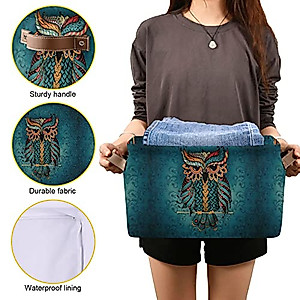 ALAZA Indian Owl Flower Ethnic Large Storage Basket with Handles Foldable Decorative 1 Pack Storage Bin Box for Organizing Living Room Shelves Office Closet Clothes