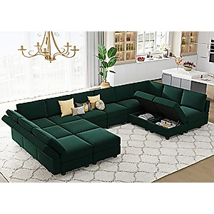 Belffin Oversized Modular sectional Sofa with Double Chaises U Shaped Sectional Sleeper Sofa Couch Reversible Sectional Sofa with Storage Velvet Green
