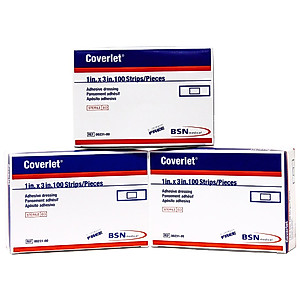 Coverlet Latex-Free Adhesive Dressings Strips Bandages - 1 X 3 inches - 100/ Box (Pack of 3, 300 Total)