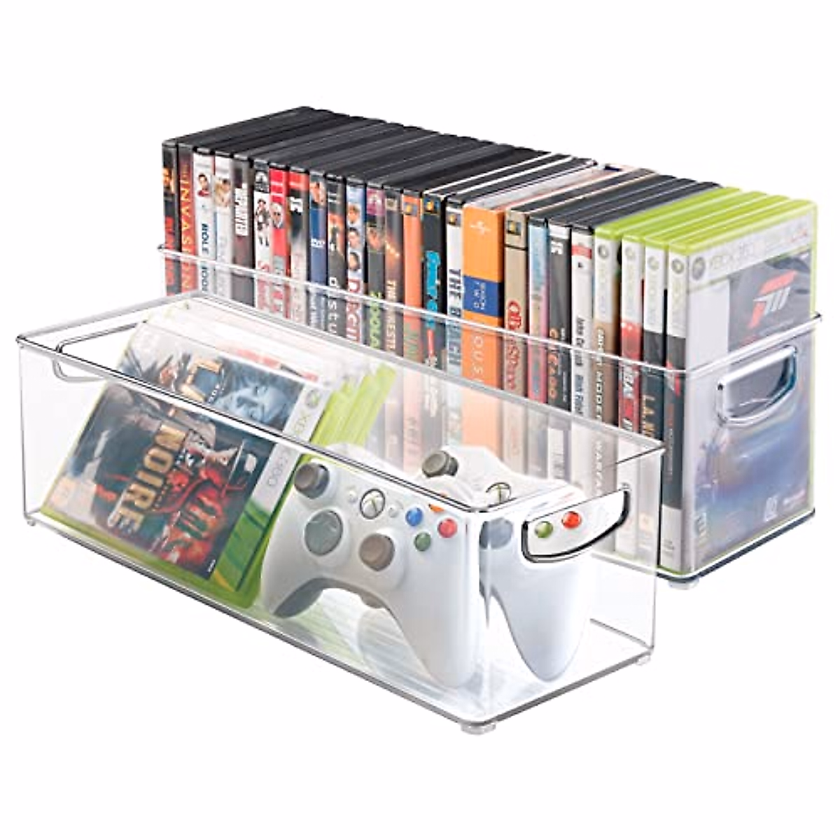 mDesign Plastic Video Game Organizer - Game Storage Holder Bin with Handles for Media Console Stand, Closet Shelf, Cabinets, Tower, and Bookshelves - Holds Disc, Video Games, Head Sets - 2 Pack, Clear