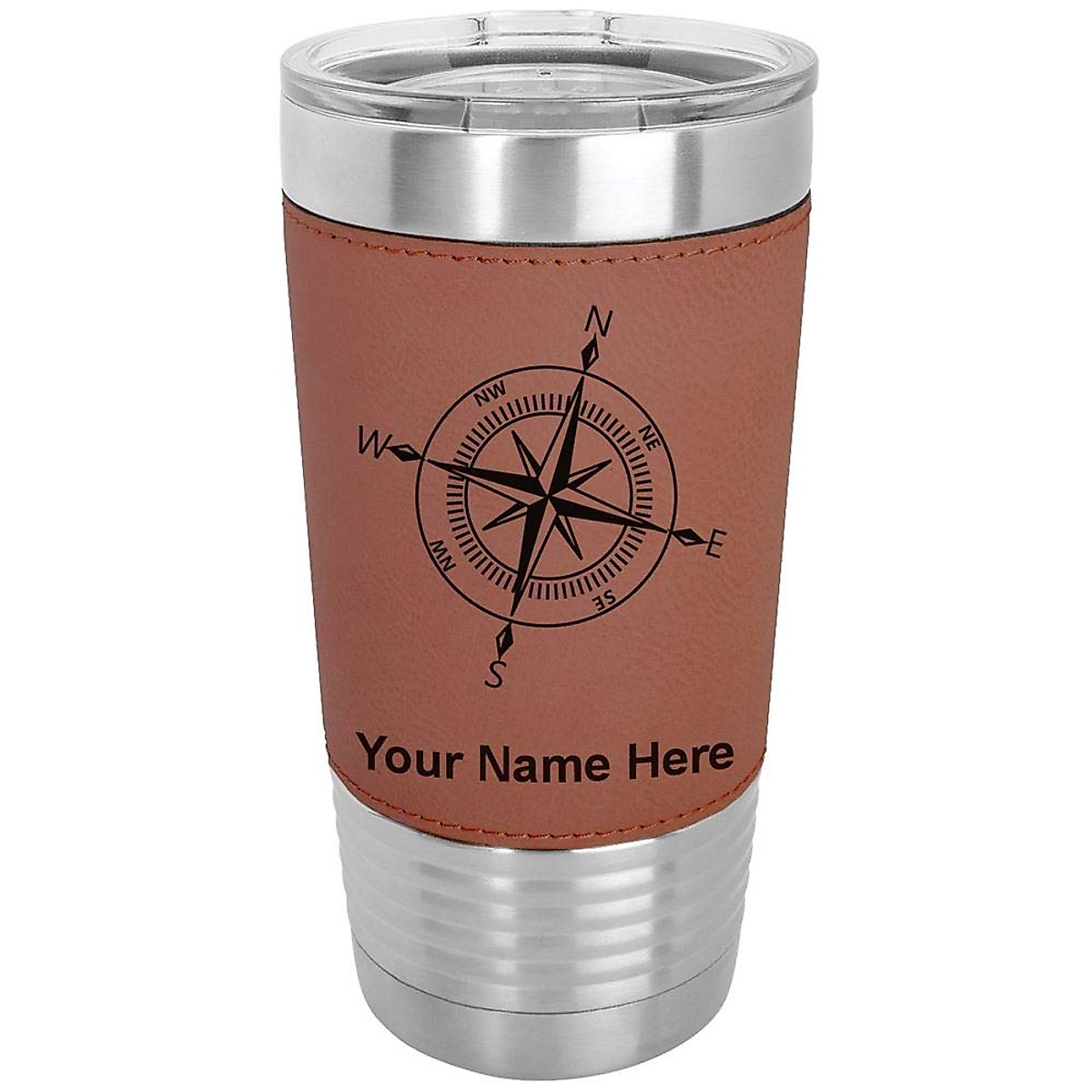 LaserGram 20oz Vacuum Insulated Tumbler Mug, Compass Rose, Personalized Engraving Included (Faux Leather, Dark Brown)