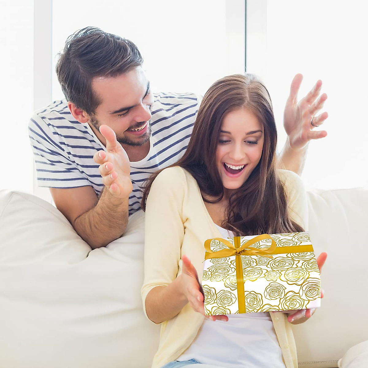 Wedding Wrapping Paper, 7 Sheets Golden Rose Pattern in White Art Paper with 1 Roll Gold Ribbon, 20 x 28 inch Per Sheet Folded Flat Gift Wrap for Weddings, Birthday, Baby Showers, Bridal Showers