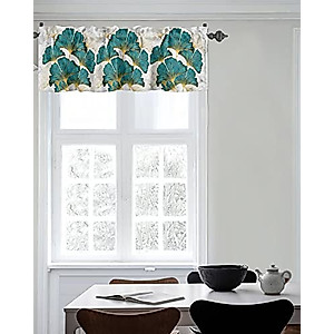 Teal Ginkgo Biloba Leaf White Marble Gold Stripes Valance Curtains for Kitchen Small Windows,Blackout Short Window Treatment Summer Leaves Rod Pocket Valance for Living Room Bedroom Decor,42"Wx12"L