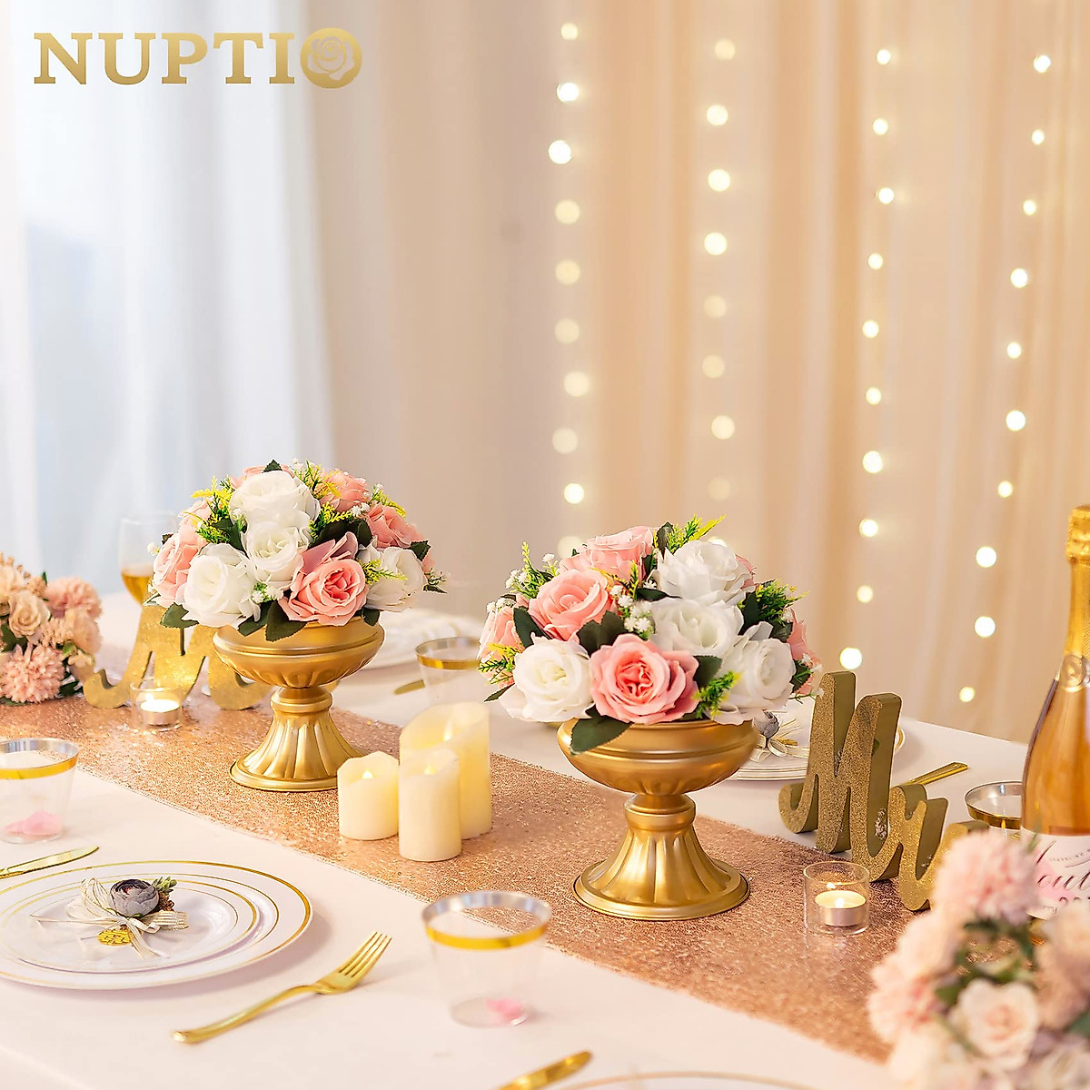 NUPTIO Pcs of 10 Fake Flower Ball Arrangement Bouquet,15 Heads Plastic Roses with Base, Suitable for Our Store's Wedding Centerpiece Flower Rack for Parties Valentine's Day Home Décor (Pink & White)