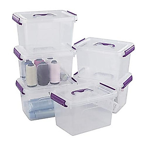 Utiao Clear Plastic Bin with Lid, 6 Quart Latching Box with Purple Handle, 6 Packs