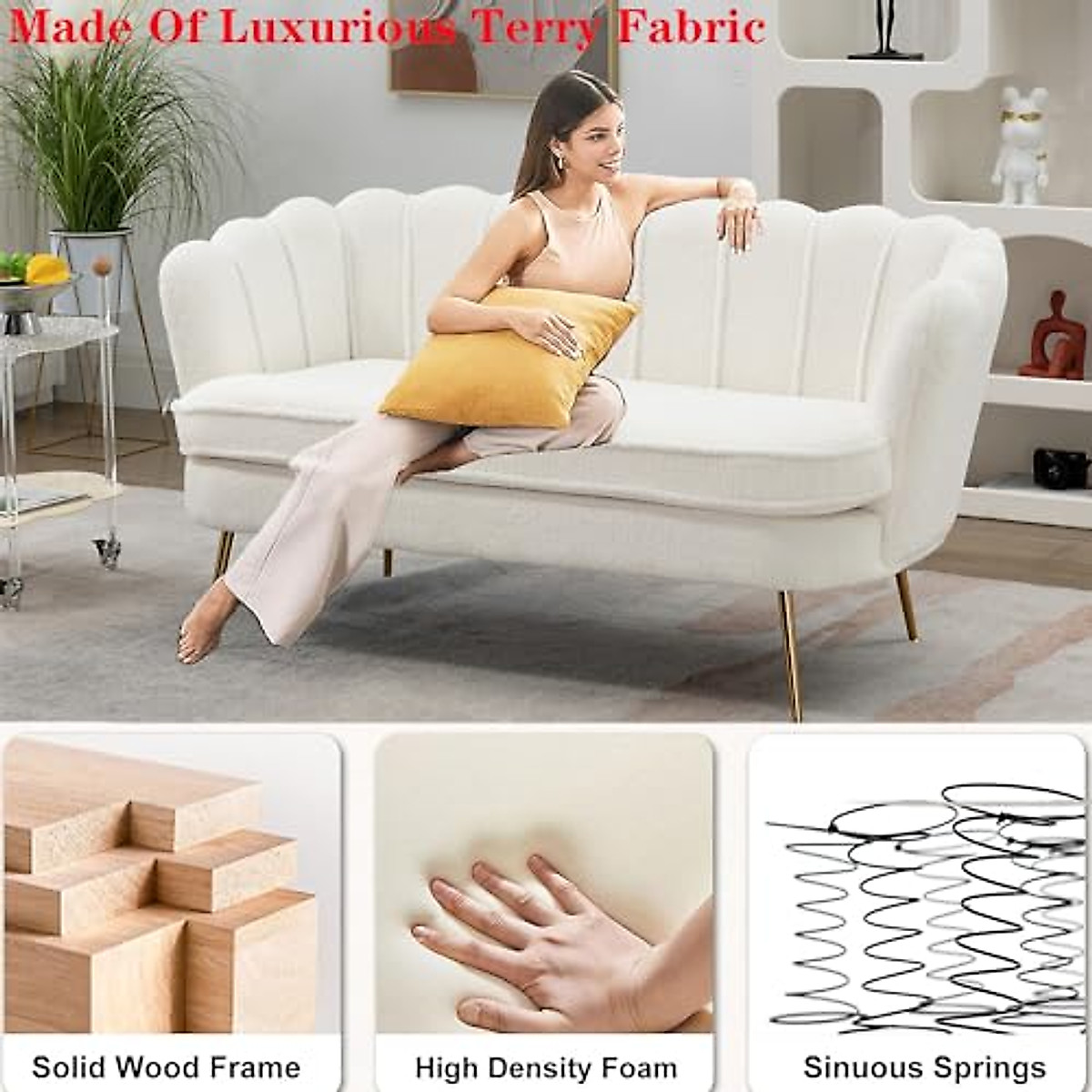 Modern Boucle Loveseat Couch,Futon Small Sofa with Gold Metal Legs ,2-Seater Upholstered Mini Sofa Couches for Small Space,Living Room Bedroom Office Dorm Studio Apartment Love Seat Couche(White)