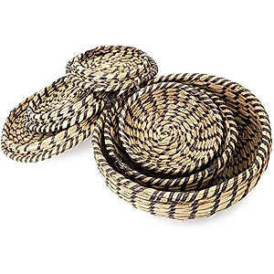 Decorative Seagrass Storage Baskets for Organizing, Round Woven Baskets in 3 Sizes with Lids (3 Piece Set)