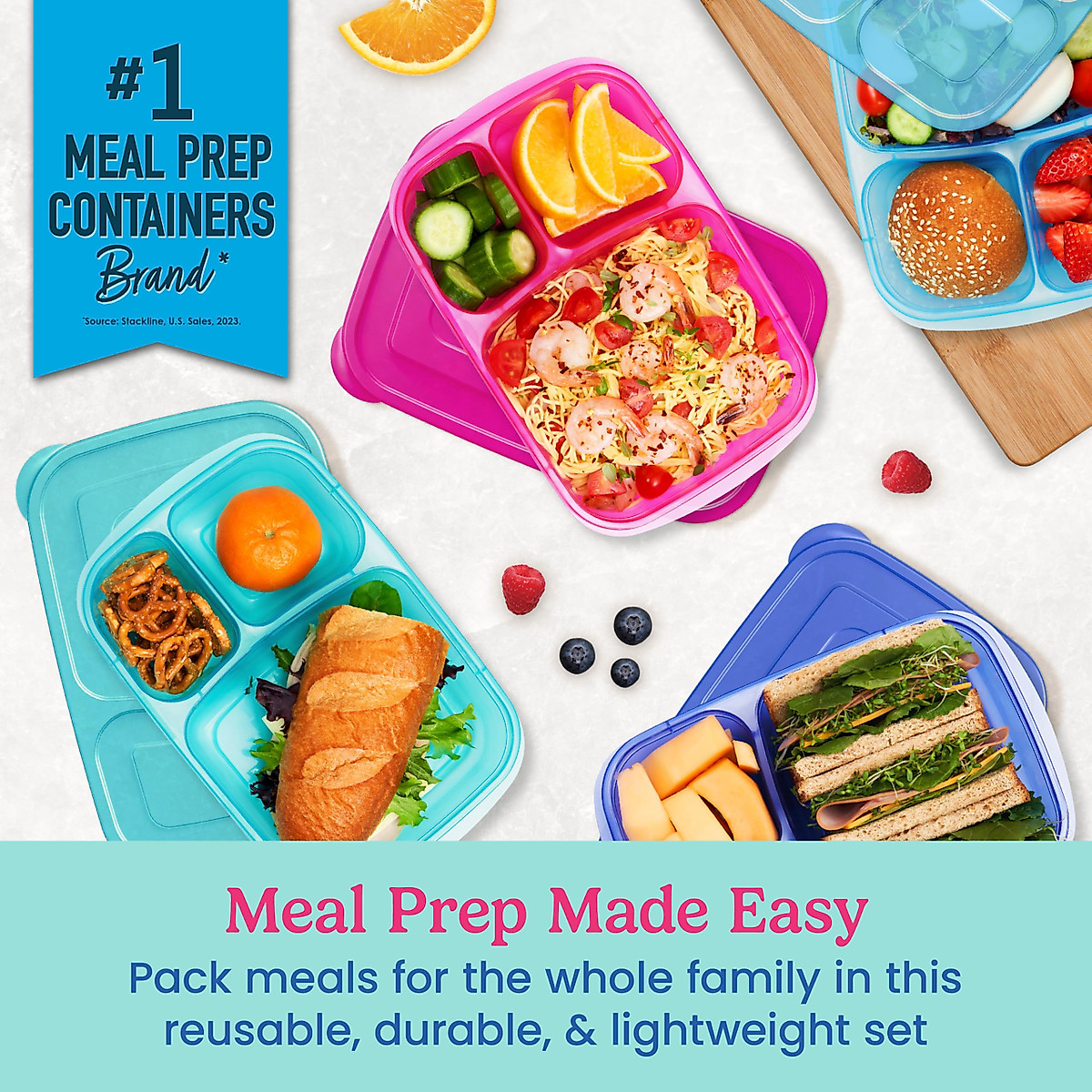 Bentgo Easyboxes - Original Stackable Lunch Boxes - Reusable 3-Compartment Food Containers for Kids and Adults - Bento Lunch Box for Meal Prep, School, & Work - BPA Free, Set of 4 (Jewel Brights)
