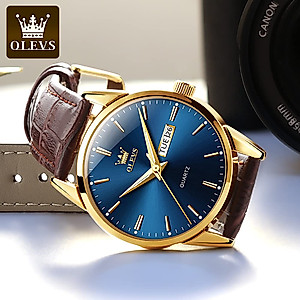 OLEVS Blue Men Leather Watch,Mens Watch Brown Leather,Mens Watch with Date and Day,Mens Watches Classic,Leather Band Watches for Men,Casual Men Watch Waterproof, Watch Men,Dress Mens Watch