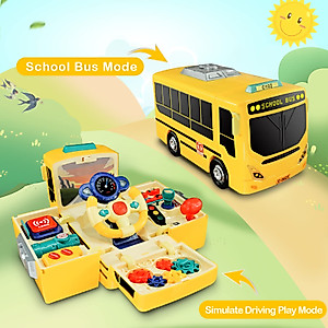 Hi-Tech School Bus Toy with Sound Light for Kids, Simulation Steering Wheel Gear Driving Pull Buses Education Knowledge Gift for Preschool Toddler Boys Girls Age 3 4 5 6 7 8