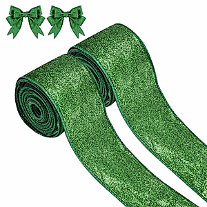 2 Rolls St. Patrick's Day Green Glitter Ribbon for Gift Wrapping, Green Shiny Curling Wired Edge Ribbon for Christmas Tree Wreath DIY Crafts Home Party Holiday Decoration, 2.5" x 10 Yd x 2 / Green
