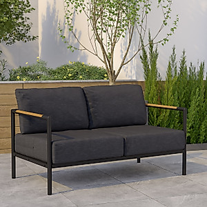 EMMA + OLIVER Black Aluminum Frame Loveseat with Teak Arm Accents and Charcoal Cushions